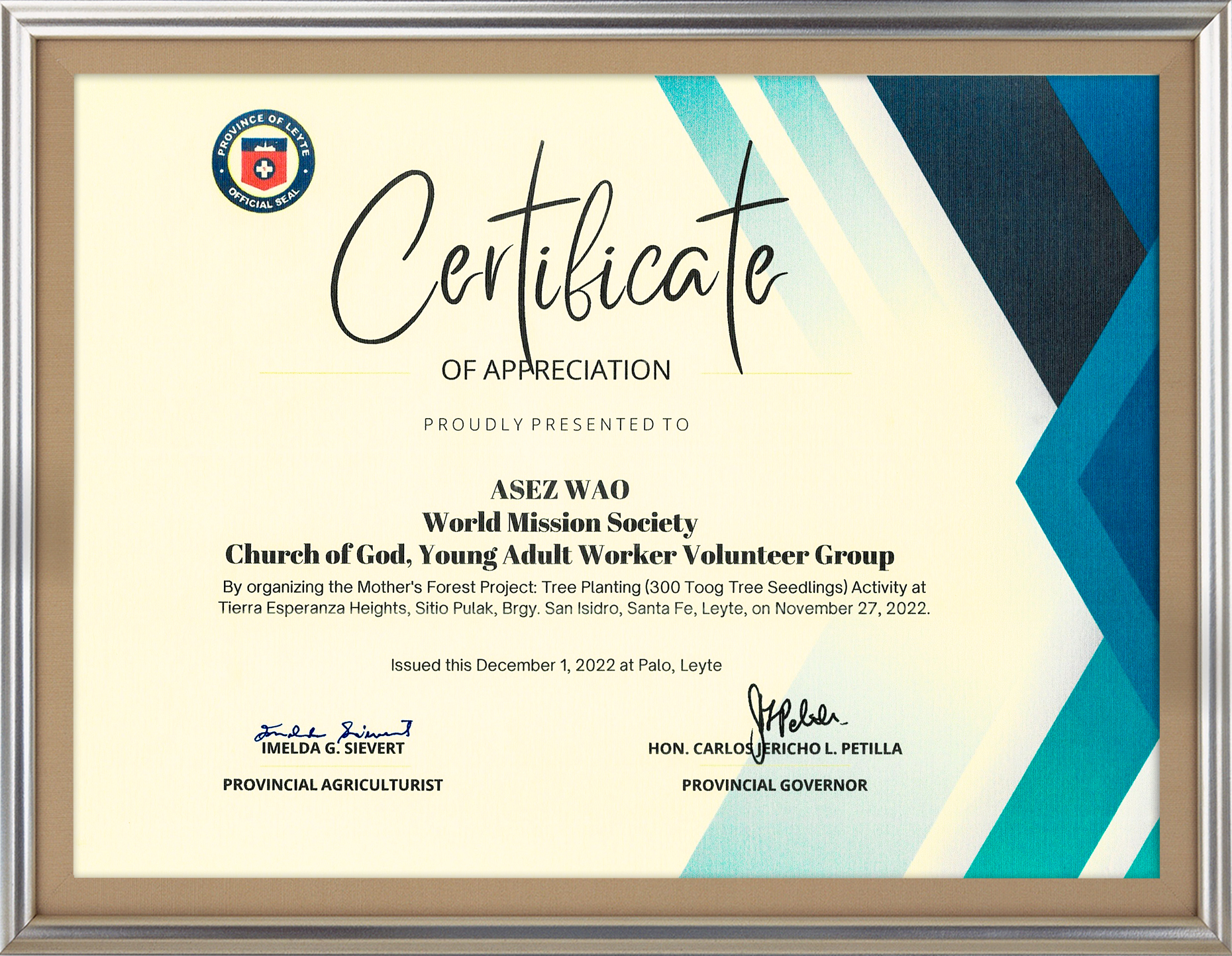 Certificate of Appreciation from Provincial Governor of Leyte - ASEZ WAO